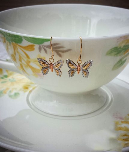 9ct Three Colour Gold Butterfly Drop Earrings | Chains of Gold