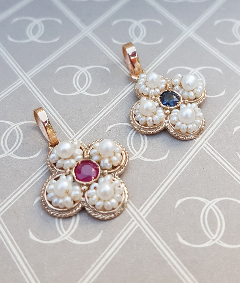 Victorian Inspired Pearl & Gemstone Four Leaf Clover Necklace