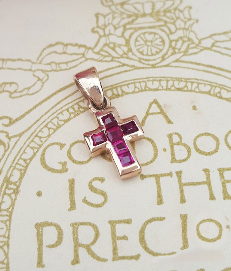 Very Small Fine 9ct Rose Gold Ruby or Emerald Cross Necklace 18" 20"